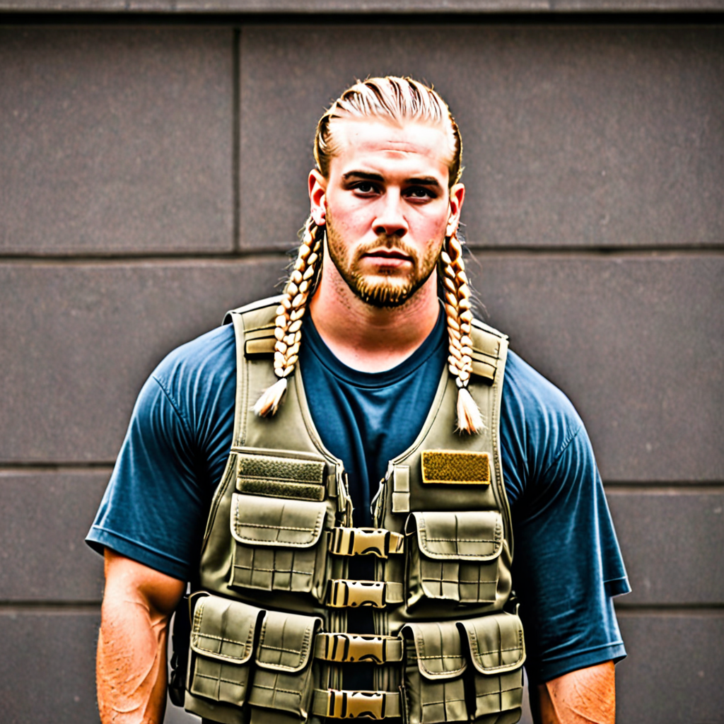 White male gang member blonde cornrows tactical vest.