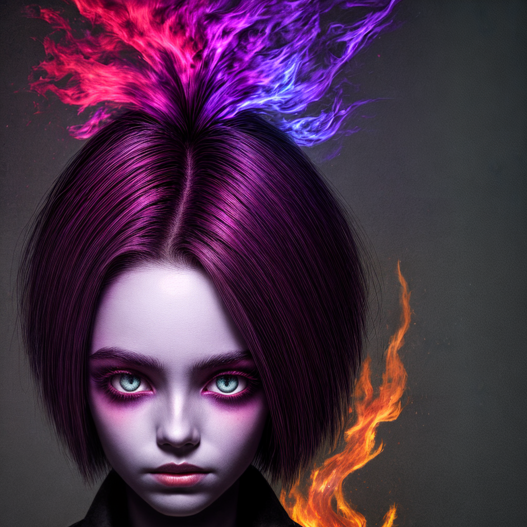 Dark character with big eyes against a background of red-violet fire ...