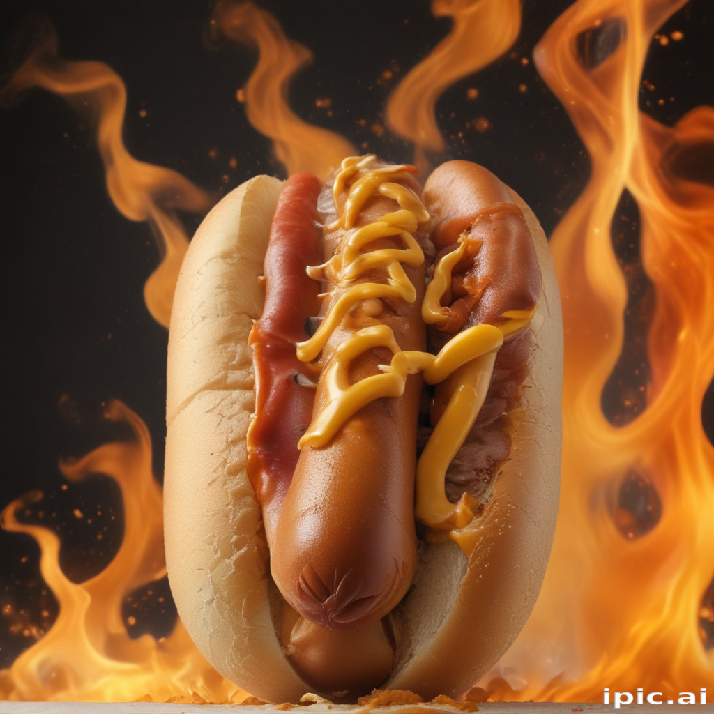 Deliciously Grilled Hot Dogs with Mustard Surrounded by Fiery Flames
