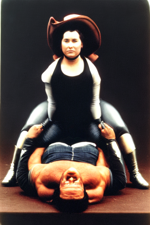 a photo of a chubby mobster sitting on a horse with her head ripped off