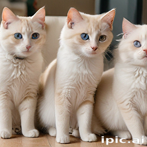 Three Adorable Light-Colored Cats with Unique Blue Eyes Sitting Together.