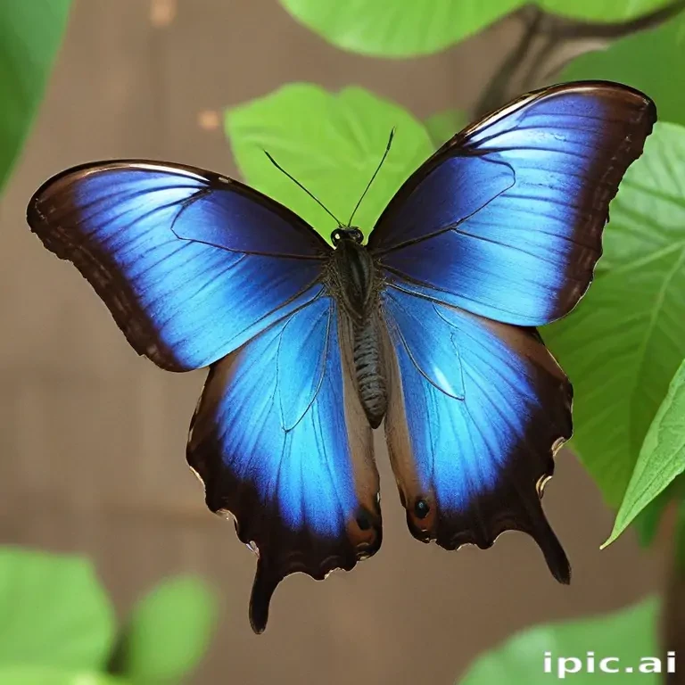 Stunning Close-Up of a Vibrantly Colored Blue Butterfly on Green Leaves
