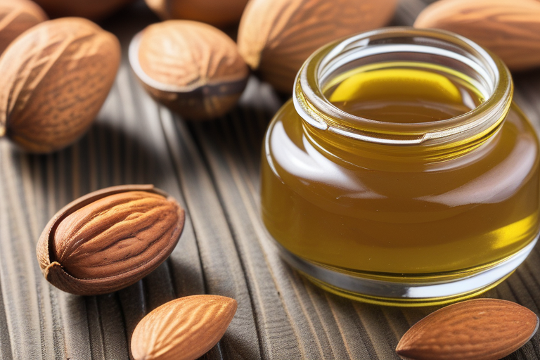 Natural Almond Oil Surrounded by Fresh Almond Nuts on Wooden Surface