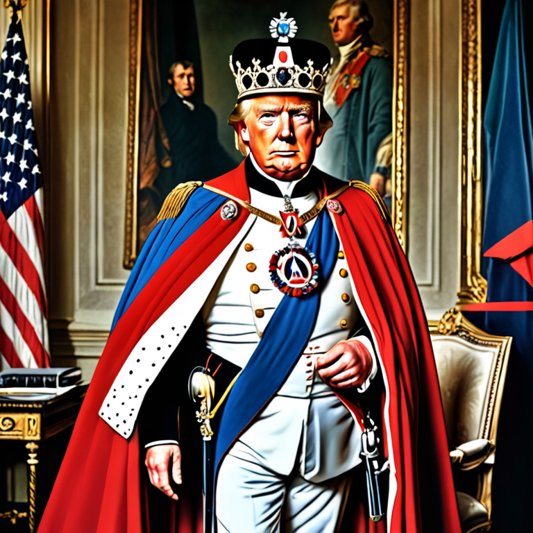 trump whit a crown and American flag cape in the portrait of Napoleon ...