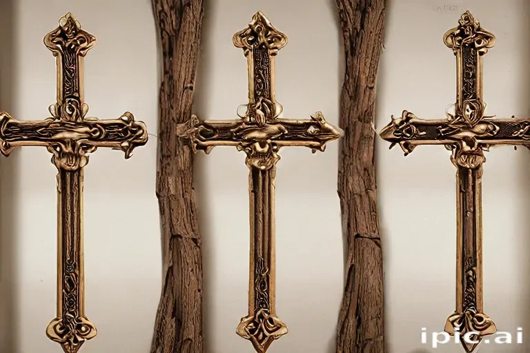 Ornate Decorative Crosses Displayed Against a Rustic Wooden Background