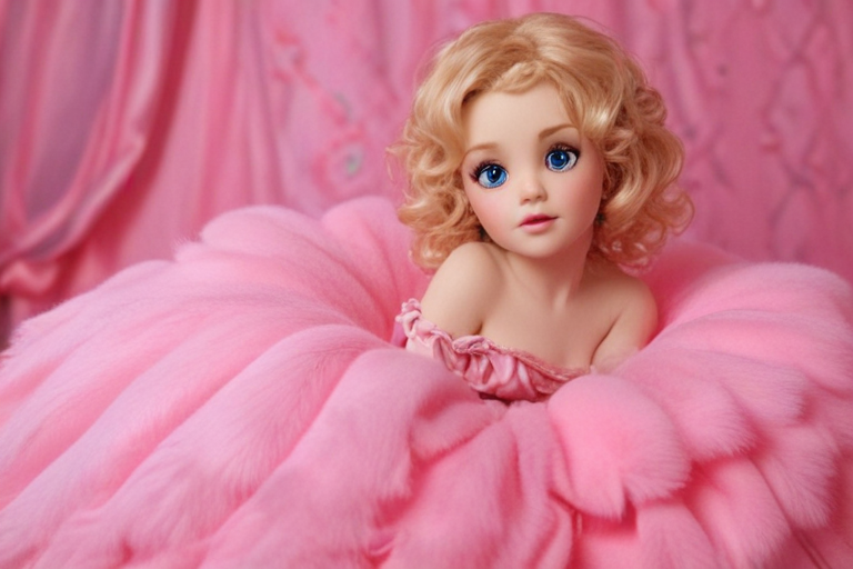 Charming Vintage Doll Dressed in Fluffy Pink Fabric Surrounded by Softness