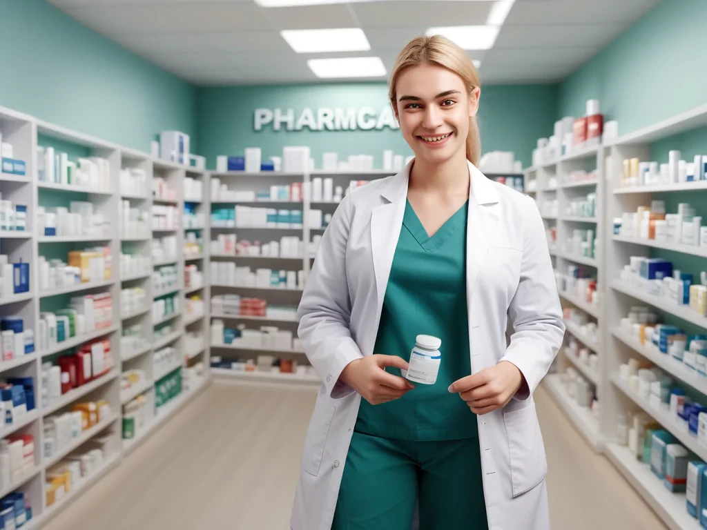 Friendly Pharmacist Holding Medication in a Brightly Lit Pharmacy Aisle