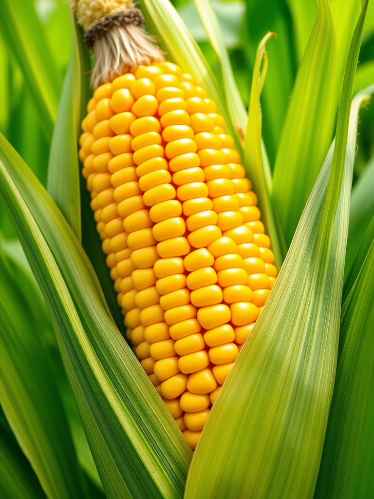 Golden Corn Ears Nestled Among Lush Green Leaves Under Bright Sunlight