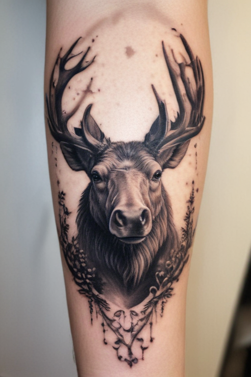 arm tattoo of moose head in a picture frame