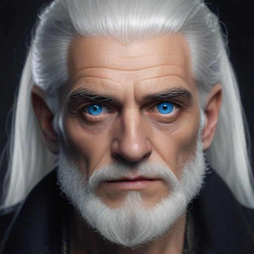 Old warlock man with white hair and deep blue eyes