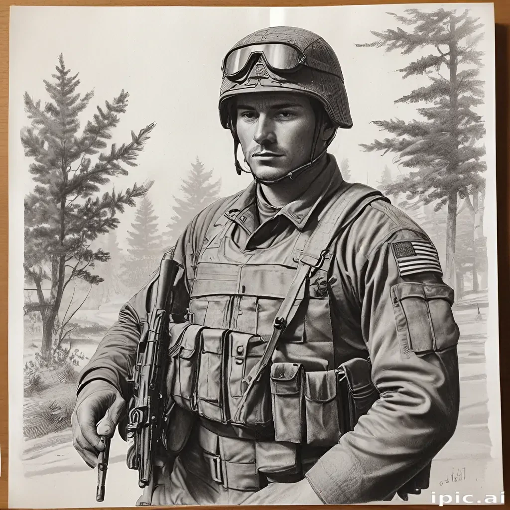 Realistic Portrait of a Soldier in Military Gear Surrounded by Trees
