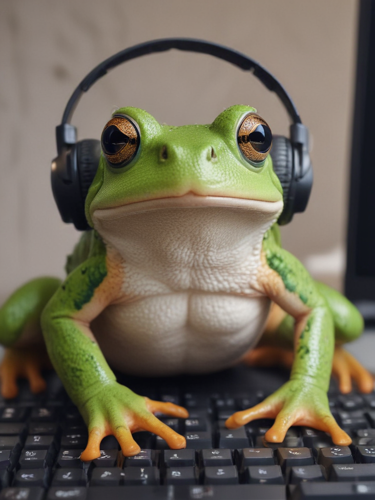 A realistic frog streaming from a webcam point if view with headset ...