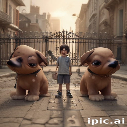 A Young Boy Stands Confidently Between Two Oversized Cartoonish Dogs