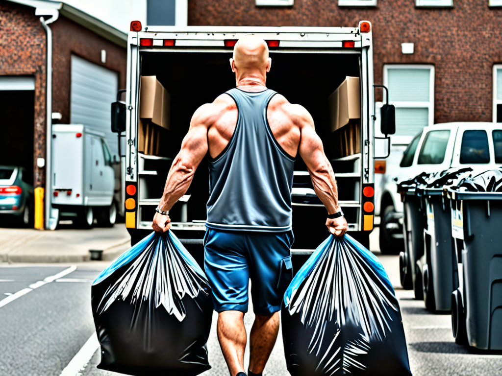 realistic handsome bald older muscular garbagemen from behind carrying ...