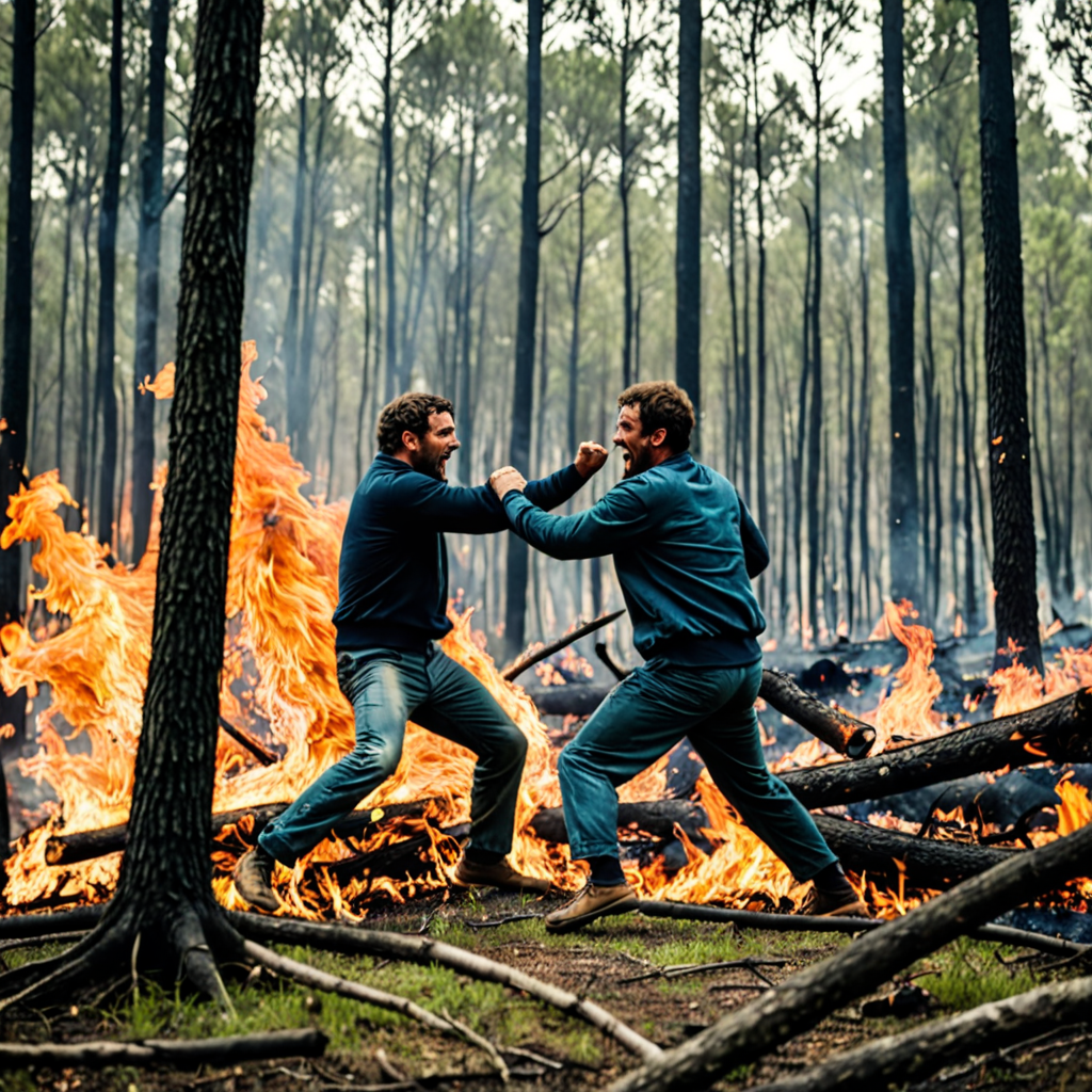 Two men fighting in the middle of forest on fire