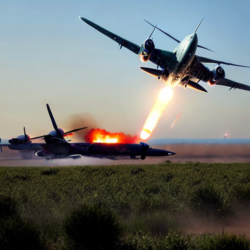A surprise attack, soldiers, war, planes in the sky.