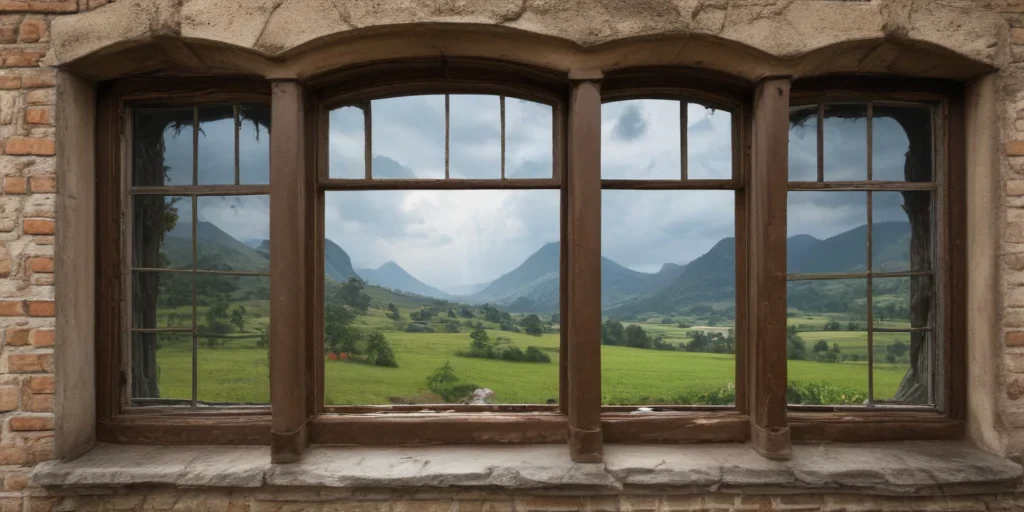 Scenic Mountain View Framed by an Elegant Rustic Window Pane