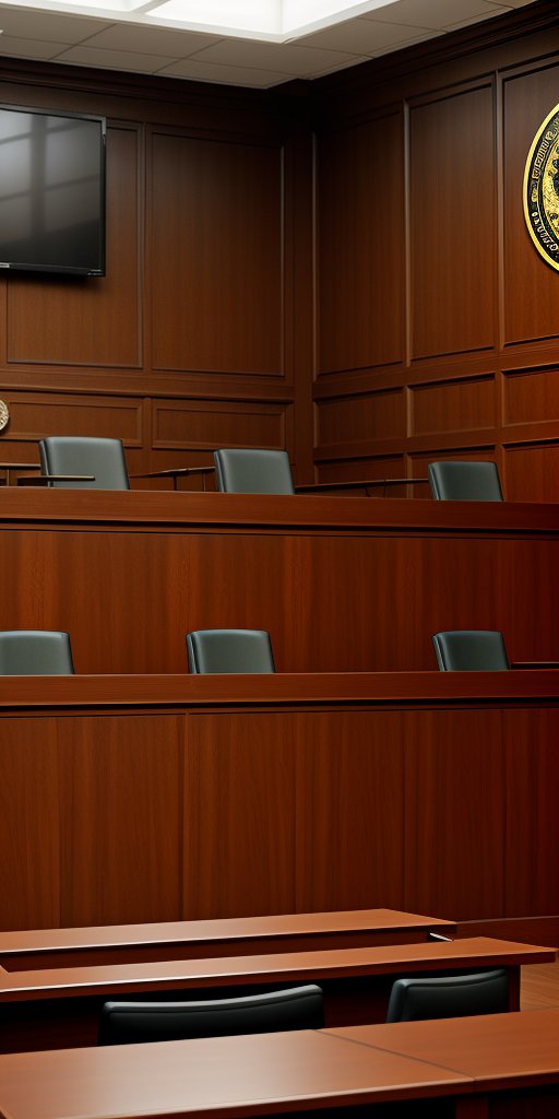 Empty Courtroom Setting with Wooden Panels and Judge's Seal on Wall