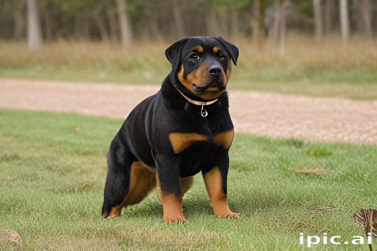 Playful Rottweiler Puppy Standing Proudly on a Green Meadow Path