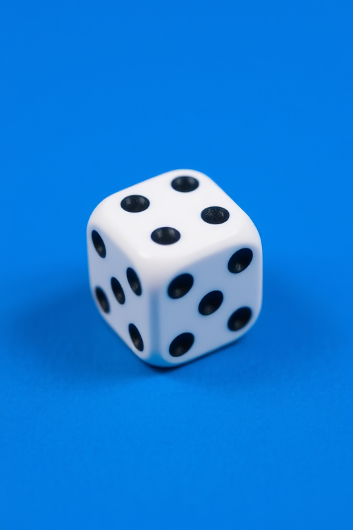 Close-Up of a Classic White Dice Against a Bright Blue Background