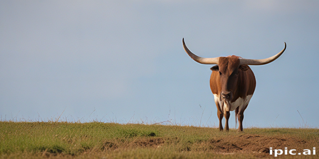 A Majestic Longhorn Bull Stands Proudly Against a Clear Blue Sky.