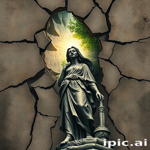 Emerging Light: A Statue Breaks Through the Cracked Walls of Time