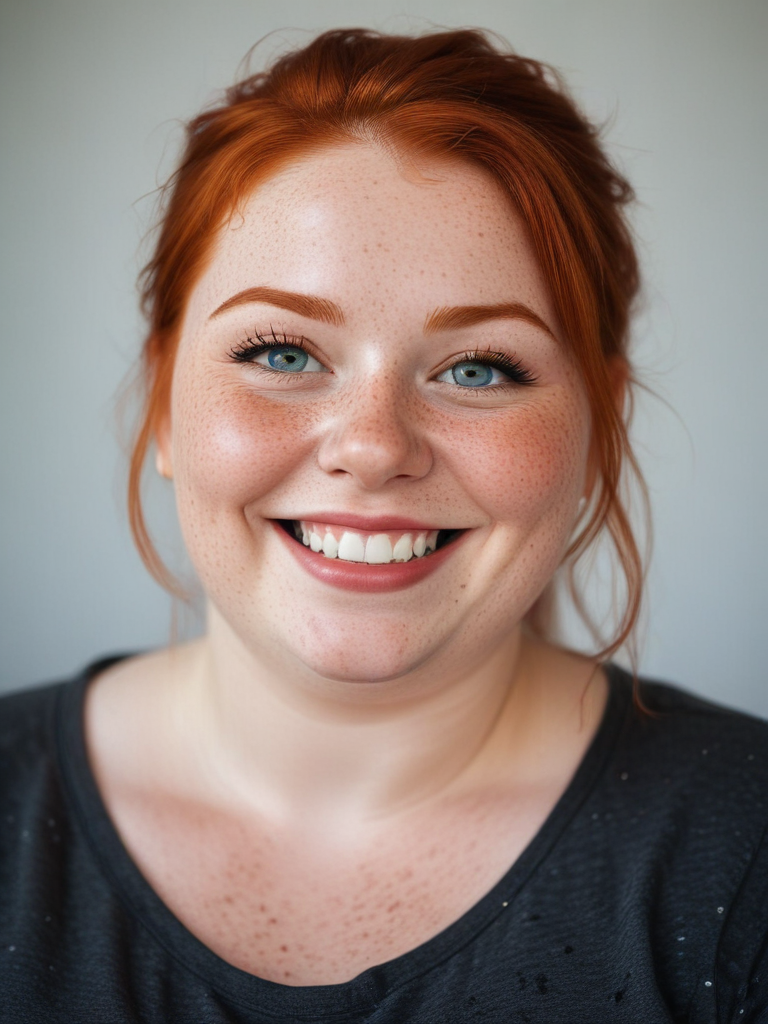 pretty chubby overweight redhead with freckles playful smile
