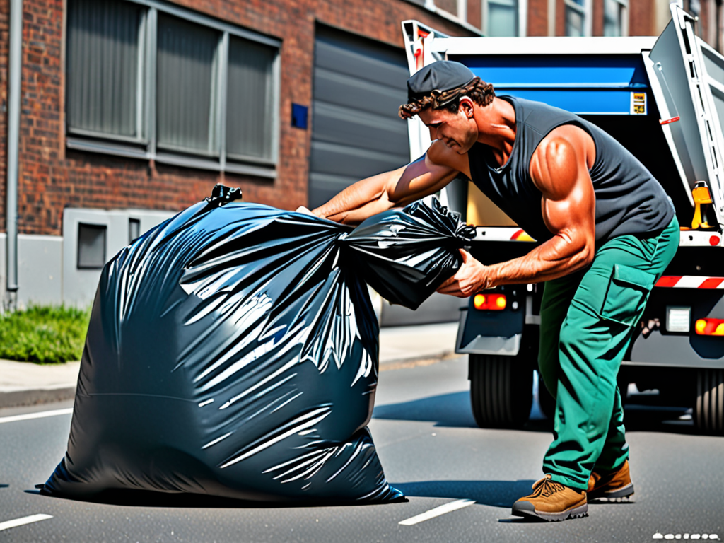 2 realistic handsome muscular garbagemen from behind throwing black ...