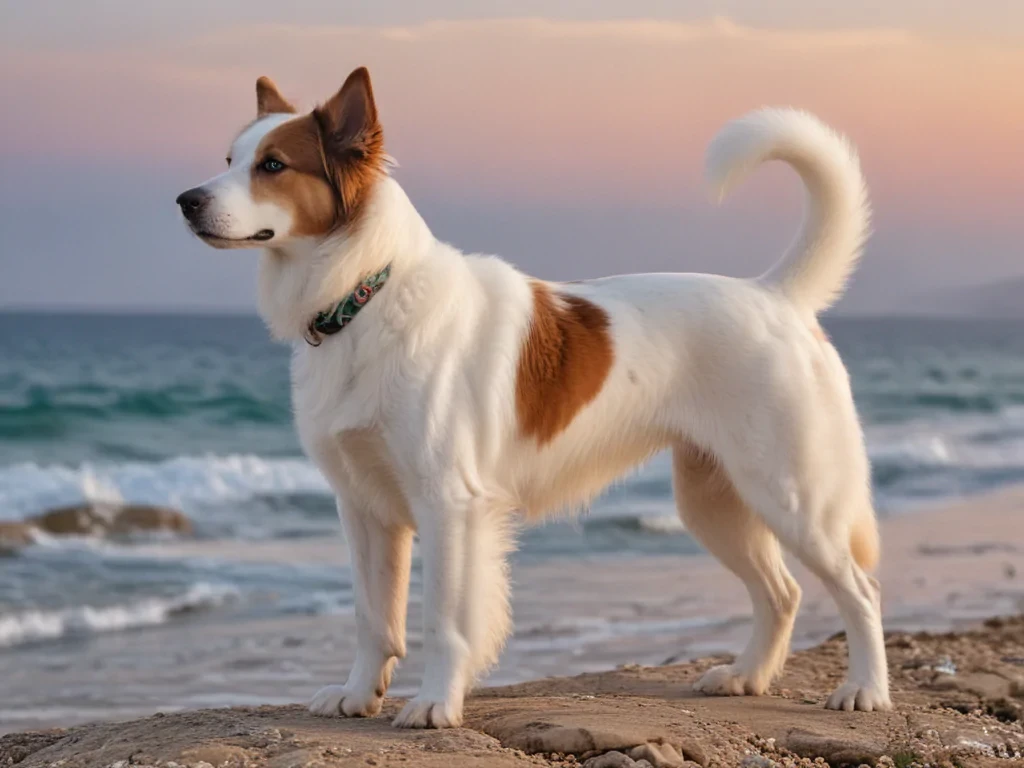 A Majestic Dog Standing Proudly by the Serene Ocean Shoreline.