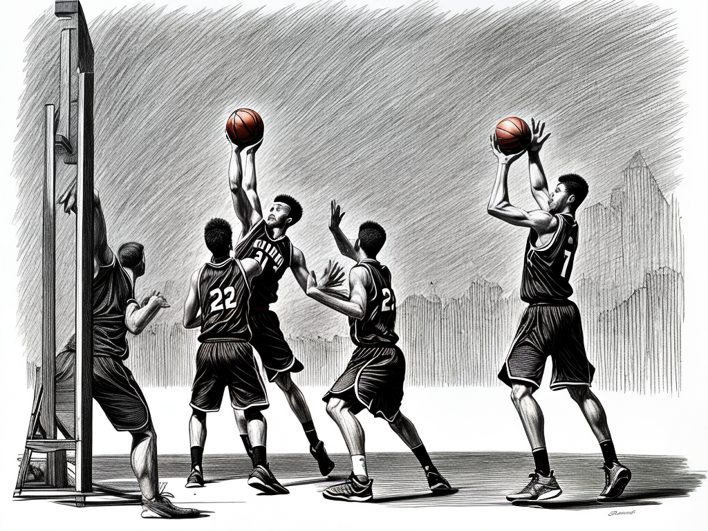 basketball with a player shooting drawing, with hoop, car, drawings