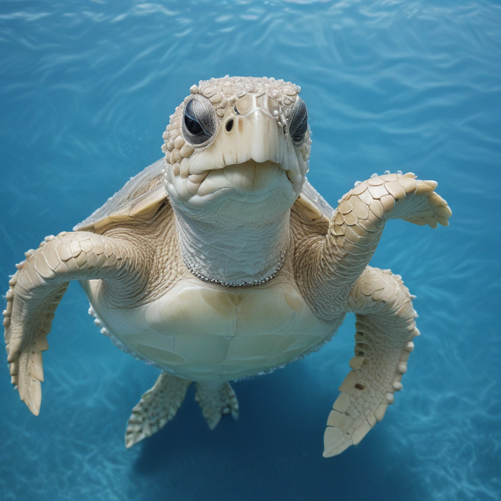One natural, friendly smiling sea-turtle made out of white pearls ...