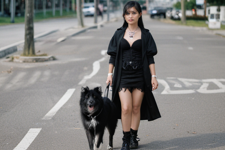 goth filipina full body smoking cigarette walking a dog