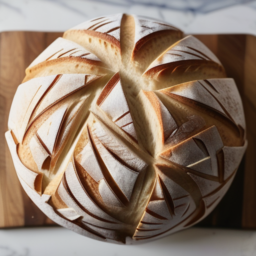 Artfully Crafted Round Loaf of Bread with Intricate Scoring Design on Top