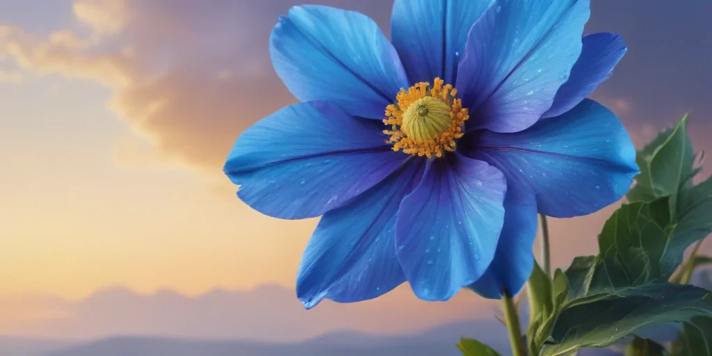 A Vibrant Blue Flower Blooming Against a Beautiful Sunset Background
