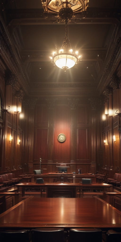 A Historic Courtroom Interior with Elegant Woodwork and Dramatic Lighting