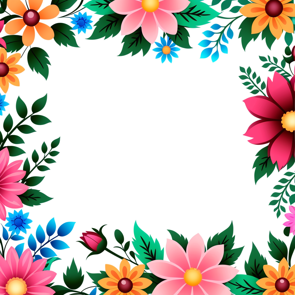 Vibrant Floral Frame with Colorful Flowers and Lush Green Leaves
