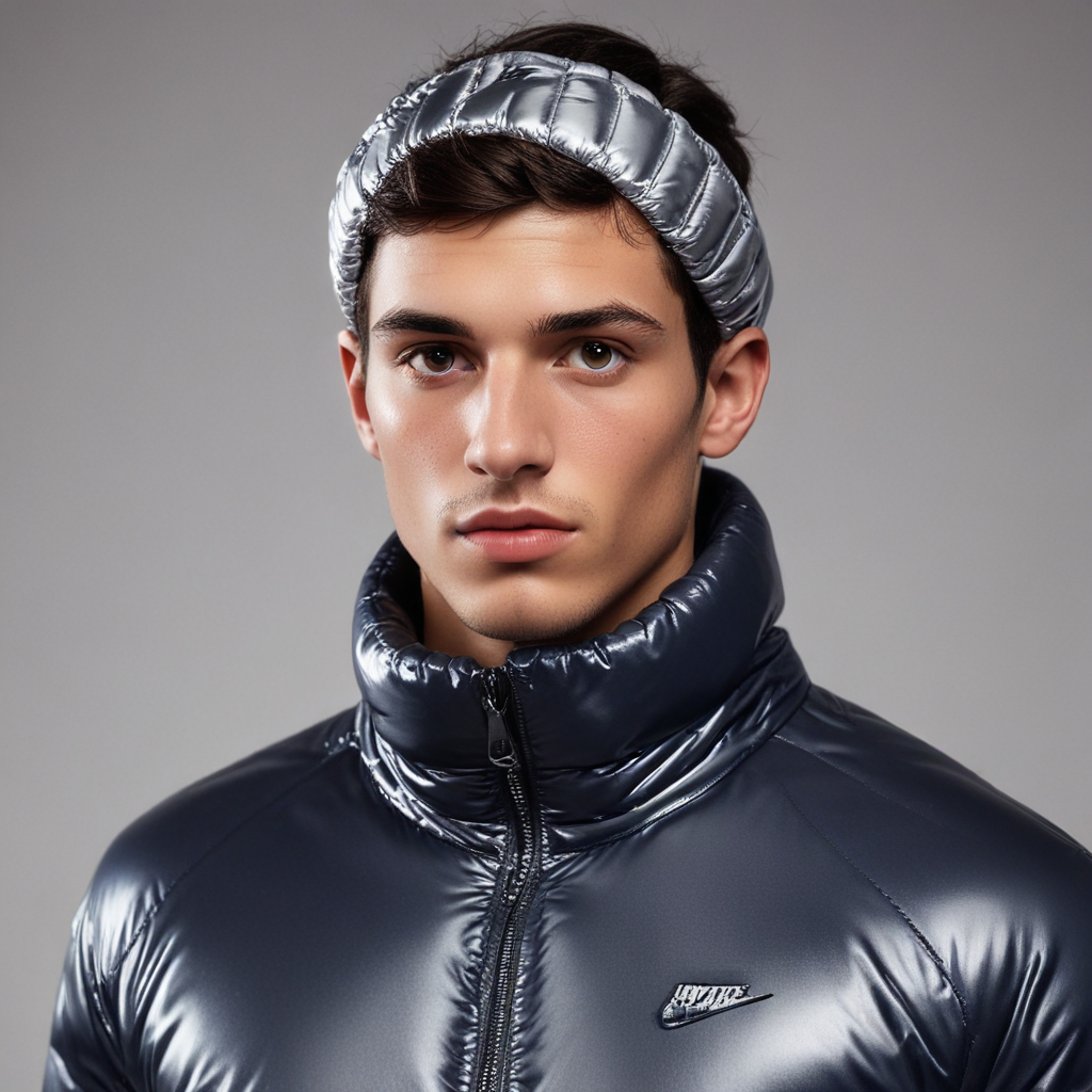 Male supermodel nike shiny puffer jacket bling jewellery hood headband