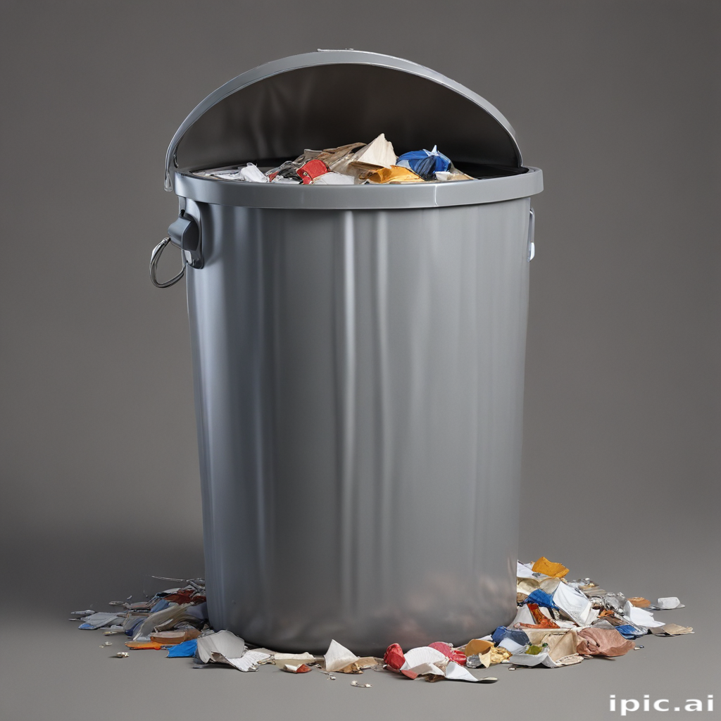 A Gray Trash Can Overflowing with Various Types of Waste Materials.
