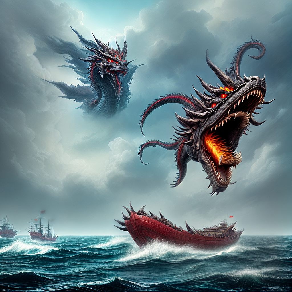 Chinese dragon in the middle of a raging sea attacking ships vintage
