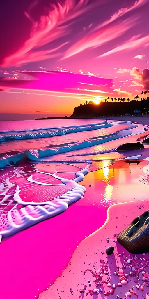 Stunning Sunset Over Vibrant Pink Beach with Gentle Waves and Palms