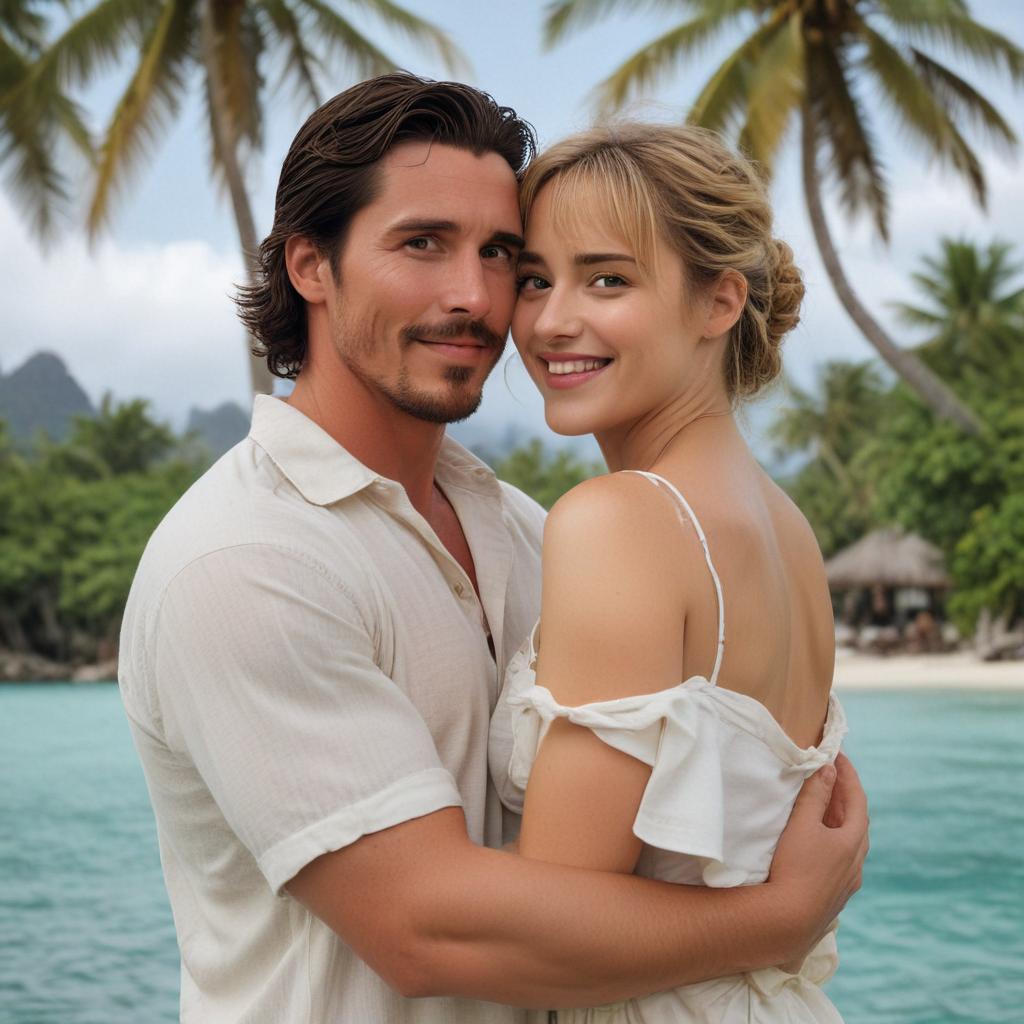 Christian bale as bruce wayne and allison mack in bora bora, hug, bora ...