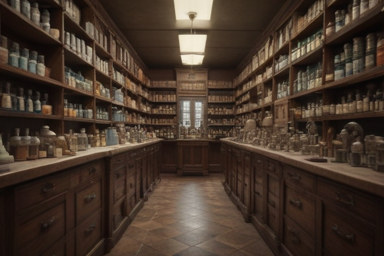 A Vintage Apothecary Filled with Antique Bottles and Wooden Shelves