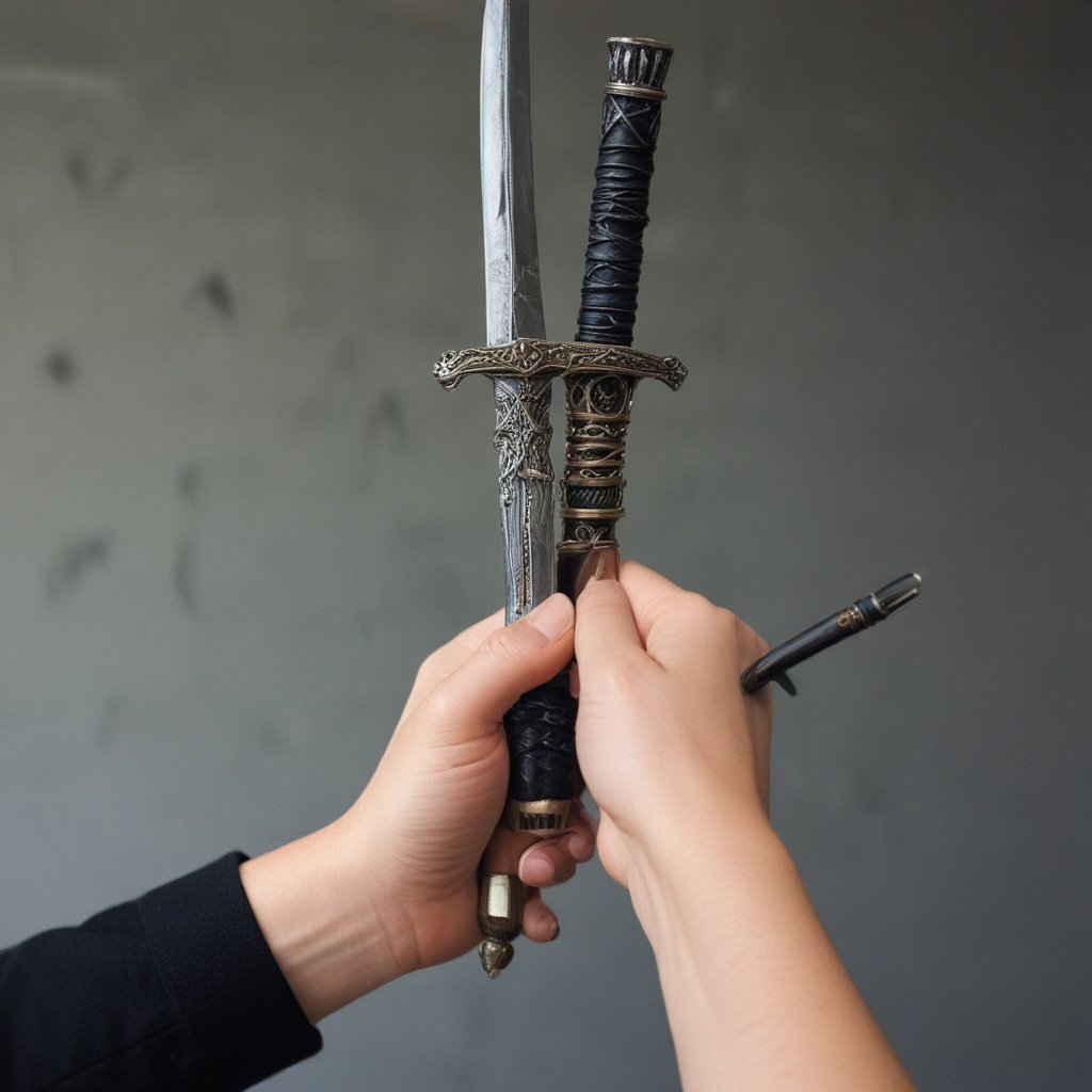 A hand holding a pen in front of a hand holding a sword