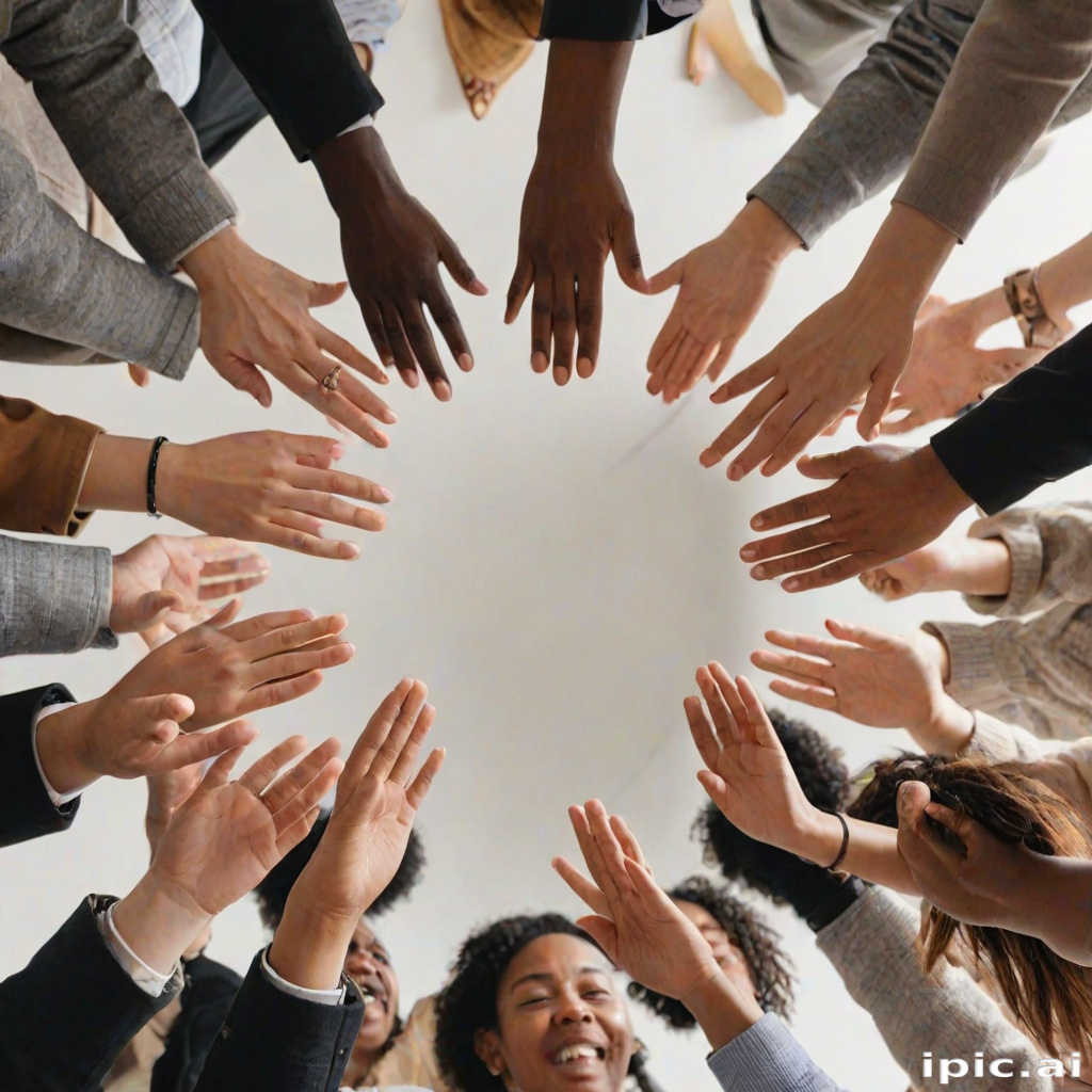United Hands Reaching Together in a Collaborative Circle of Diversity
