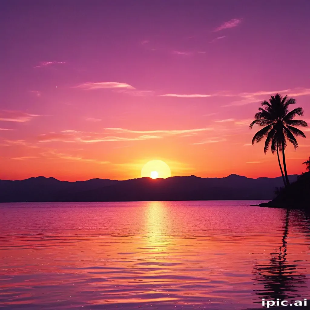 Serene Sunset Over Calm Waters with Silhouetted Palm Tree and Mountains