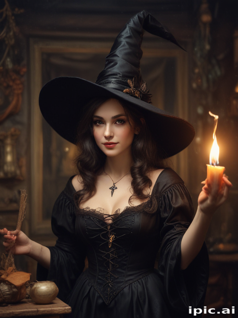 Enchanting Witch Holding a Candle in a Mysterious, Dimly Lit Room