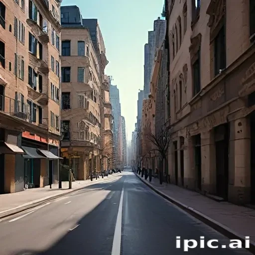 Quiet Urban Street Scene Featuring Tall Buildings and Clear Blue Sky