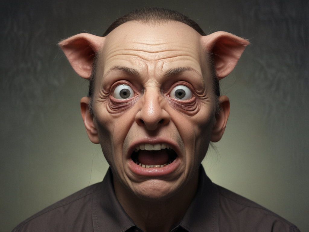 Surreal Portrayal of a Human with Pig Features Expressing Extreme Shock