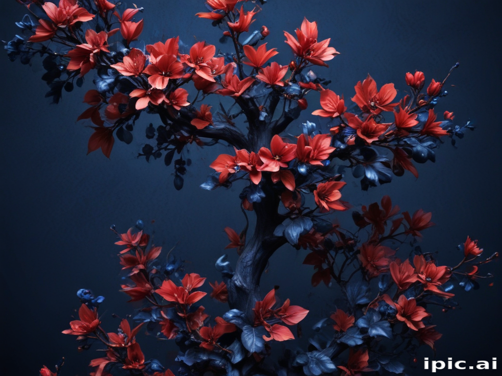 Vibrant Red and Deep Blue Floral Composition Against a Dark Background