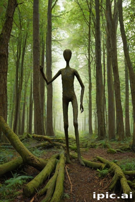 Mysterious Tall Figure Standing Amidst Lush Green Forest Environment